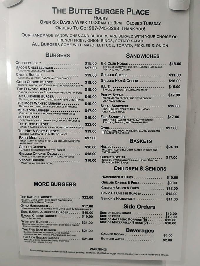 Not a menu, but a declaration of burger independence. Each option promises a different path to satisfaction that'll keep you fueled through any Alaskan adventure.