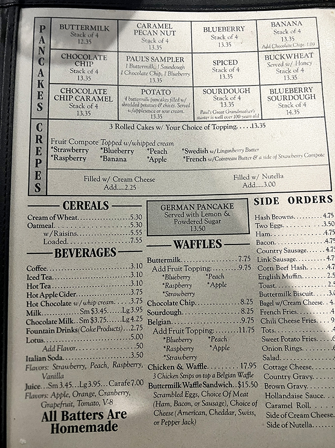 A menu that reads like breakfast poetry. Each homemade batter option promises a different path to pancake nirvana.