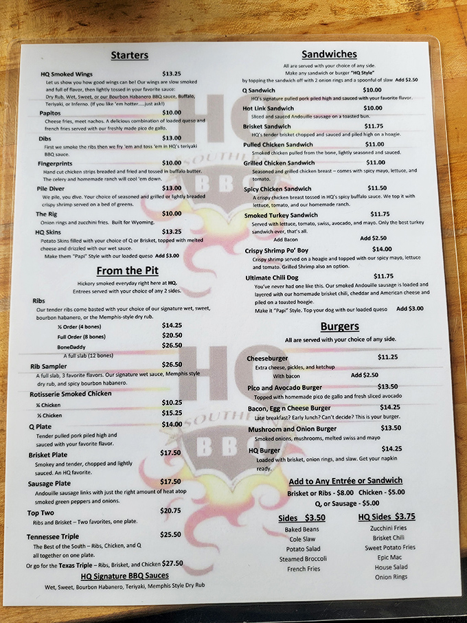 This menu reads like a love letter to smoked meat enthusiasts. The "From the Pit" section alone could make a grown carnivore weep with joy.