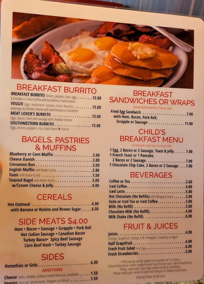 The menu reveals the holy scripture of breakfast&mdash;where burritos, bagels, and benedicts coexist in perfect harmony.