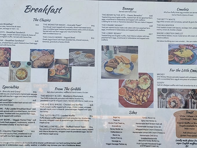 This isn't just a menu; it's a roadmap to happiness with clever names like "The Crabby Benny" and "The Moody Blues" blueberry shortcake.