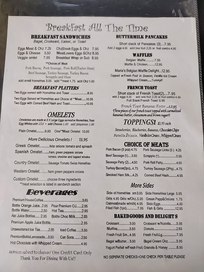 This menu is a sacred text of breakfast possibilities. No QR codes, no daily specials app&mdash;just laminated perfection listing every morning delight imaginable.