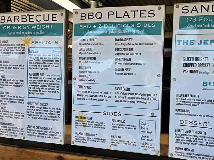 The menu board reads like a love letter to smoked meat enthusiasts. Decision paralysis has never been so delicious.