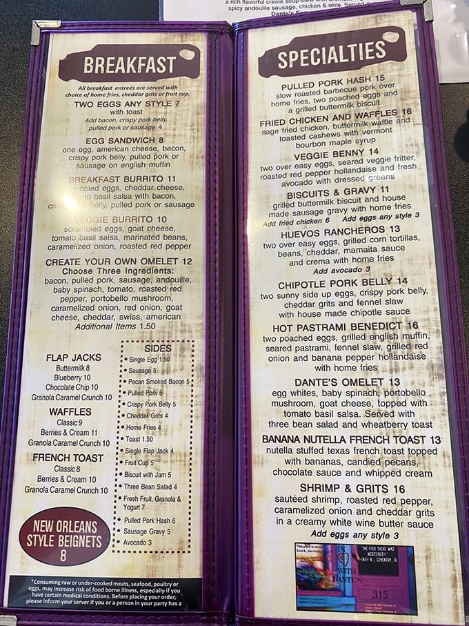 This menu isn't just reading material&mdash;it's a roadmap to breakfast nirvana. The Pulled Pork Hash alone is worth setting your alarm for.