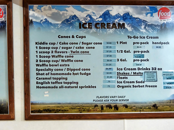 That menu against the Teton backdrop isn't just listing flavors&mdash;it's offering life choices that will haunt your dreams in the best possible way.