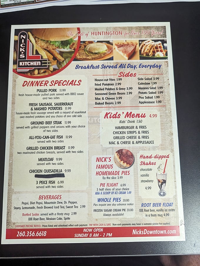 This menu reads like a love letter to Midwest comfort food&mdash;where breakfast is an all-day affair and homemade pies aren't just dessert, they're a religious experience.