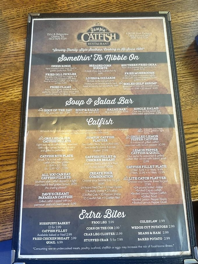 A menu that reads like a love letter to seafood enthusiasts. From catfish prepared six ways to frog legs, this isn't your typical landlocked fare.