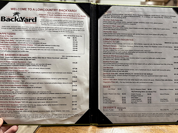 The menu reads like a love letter to Lowcountry cuisine—each description promising the kind of meal you'll be talking about for weeks.
