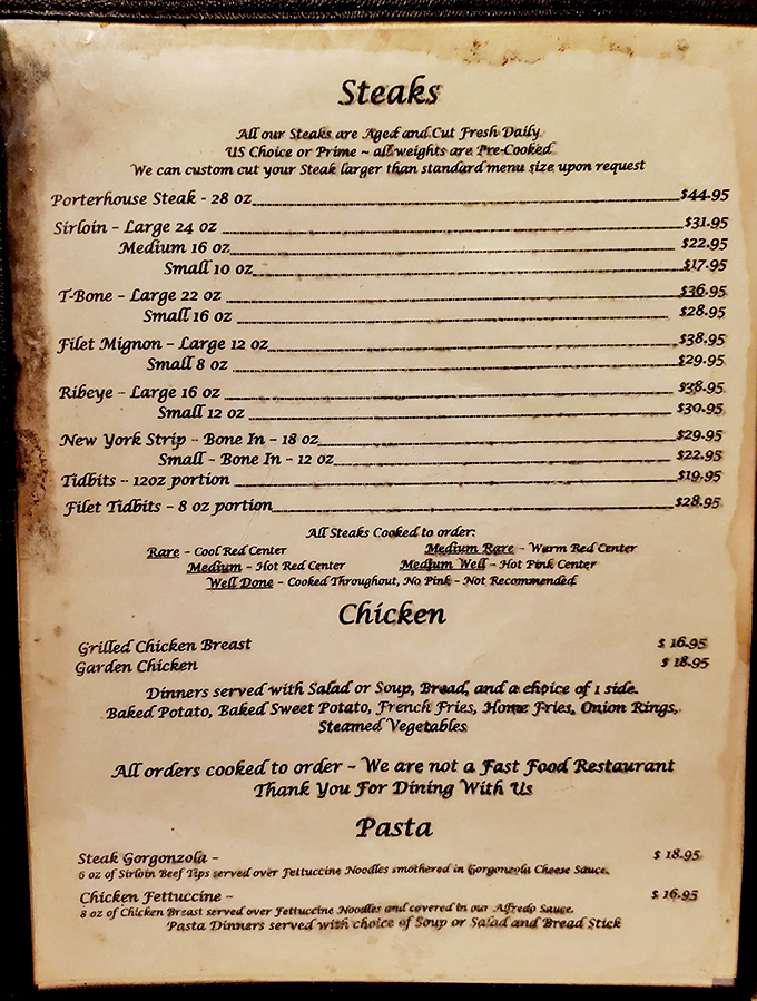 This isn't just a menu&mdash;it's a declaration of steak independence. When they say "We are not a Fast Food Restaurant," they're promising something worth waiting for.