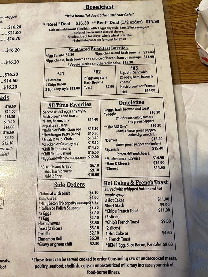 A menu that speaks the universal language of comfort food. No molecular gastronomy here, just honest breakfast classics that would make your grandmother proud.