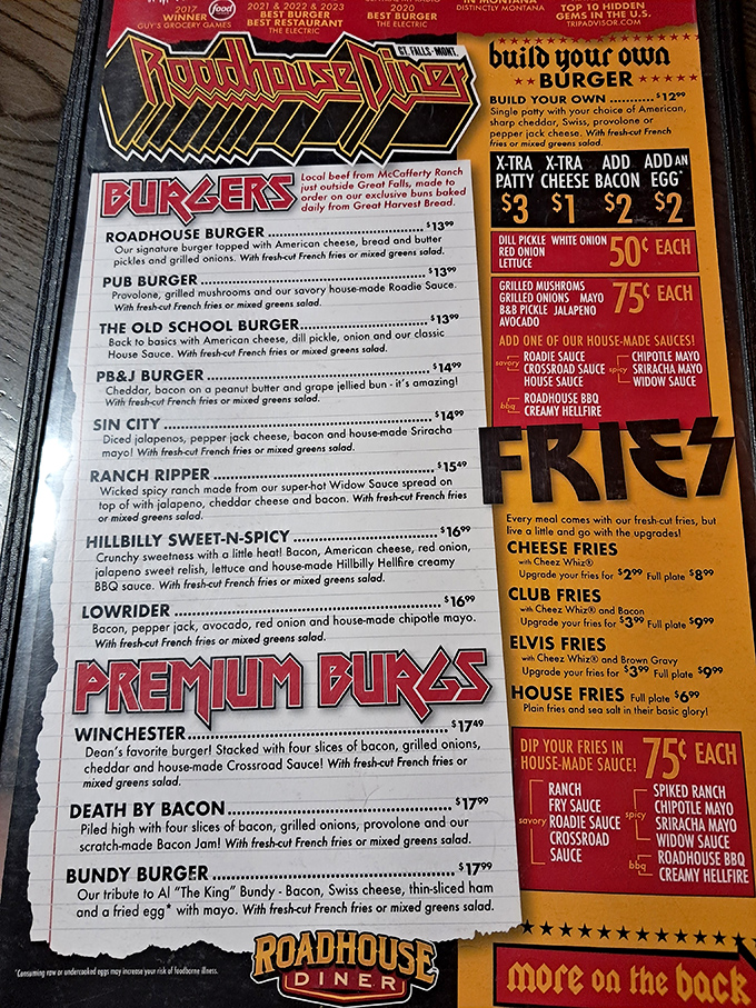 This menu isn't just a list&mdash;it's a declaration of burger independence. The "Death By Bacon" isn't just a name, it's a delicious premonition.