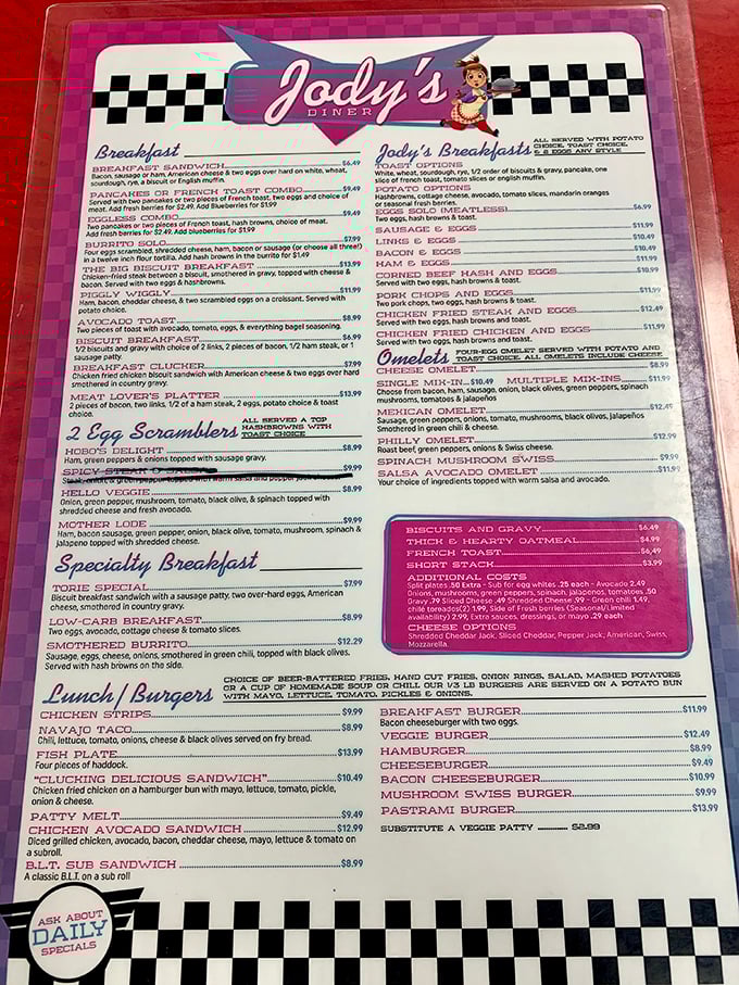 This menu isn't just a list of food – it's a roadmap to happiness with breakfast served all day and lunch options that'll make your stomach applaud.