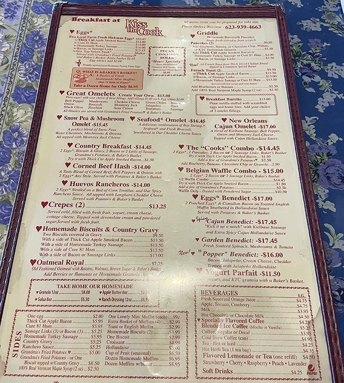 A menu that reads like comfort food poetry. Heart symbols mark the specialties, as if we needed help identifying what would make our taste buds sing.