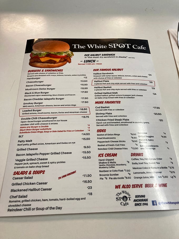 A menu that reads like poetry to the hungry. The halibut sandwich isn't just recommended&mdash;it's practically an Alaskan citizenship requirement.