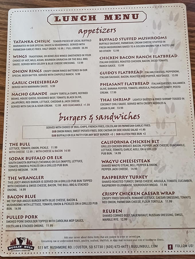 This menu reads like a love letter to South Dakota's wild game tradition. "Tatanka Chislic" isn't just fun to say&mdash;it's buffalo heaven on a plate.