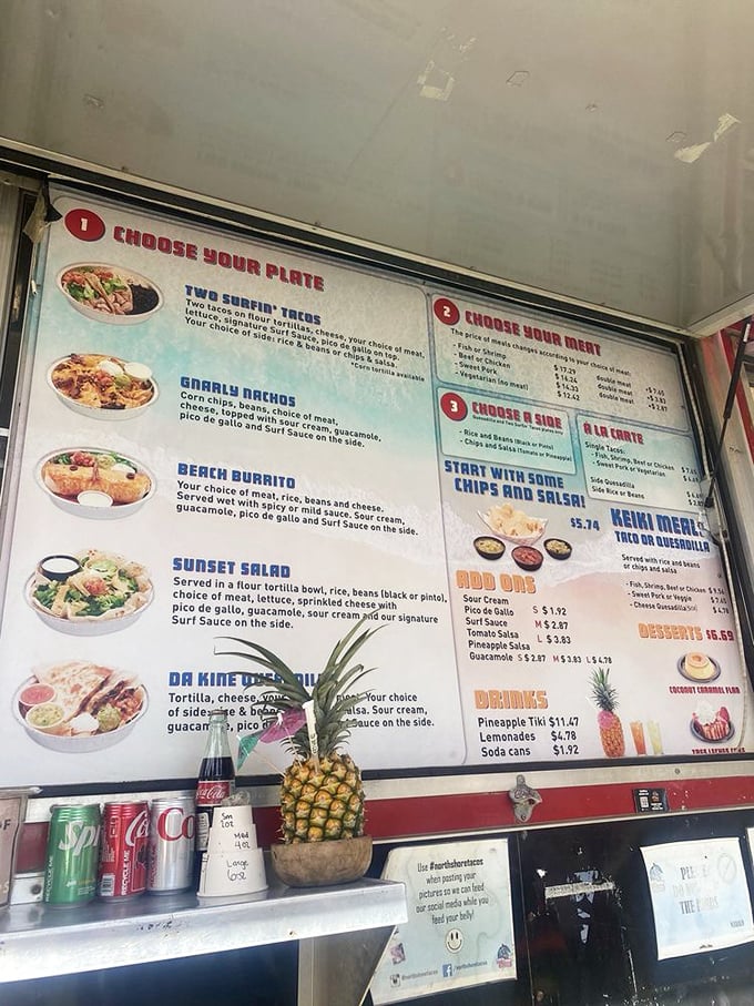 The menu board speaks the universal language of hunger satisfaction – "Gnarly Nachos" and "Beach Burritos" aren't just names, they're promises.