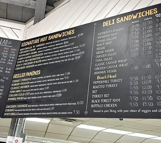 That menu board isn't just listing food&mdash;it's a roadmap to happiness. The "Signature Hot Sandwiches" section alone could solve world peace.