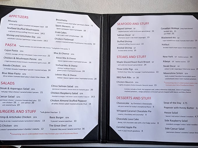 Menu indecision has never been so delightful. "Seafood and Stuff" isn't just a category &ndash; it's a philosophy that perfectly captures the unpretentious charm of this supper club classic.