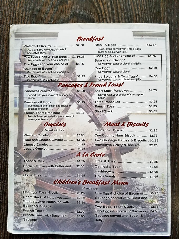 This breakfast menu reads like a love letter to morning classics &ndash; notice the "Watermill Favorite" at the top for good reason.