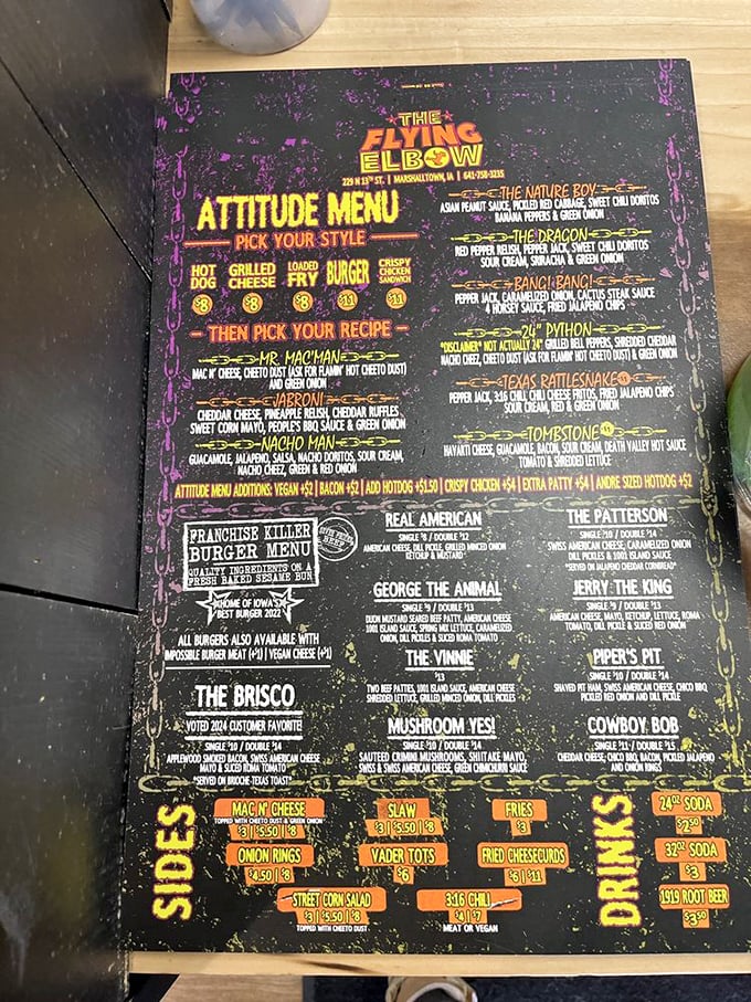 The "Attitude Menu" reads like a WWE Hall of Fame roster. Each creation more outrageous than the last, yet somehow making perfect culinary sense.