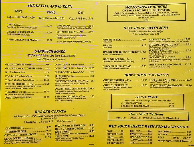 This menu isn't just a list of food&mdash;it's a roadmap to happiness. The "Mom-strosity Burger" isn't just clever naming; it's truth in advertising.