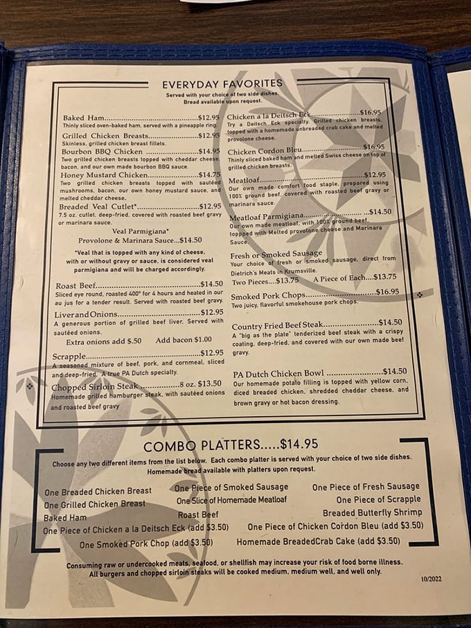 A menu that reads like a love letter to Pennsylvania Dutch cuisine. Each item represents generations of culinary tradition passed down through careful hands.