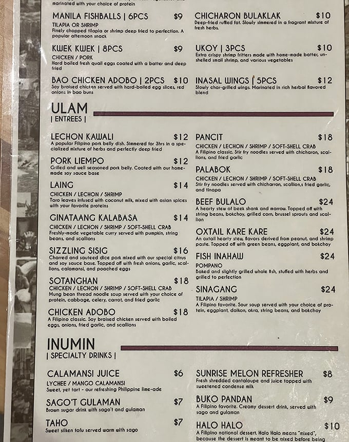 This menu isn't just a list of dishes &ndash; it's a passport to flavor country where lechon kawali reigns supreme and adventure awaits.