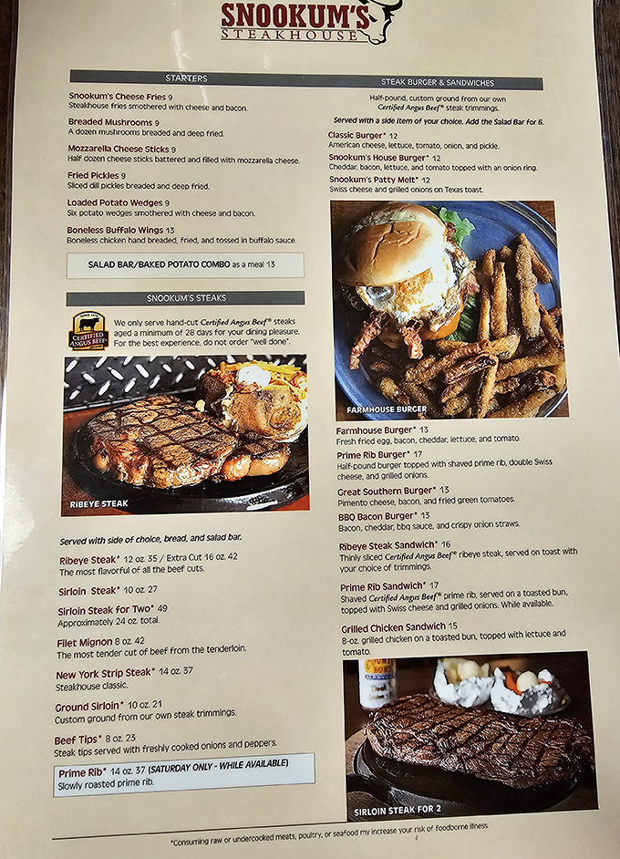 This menu isn't just a list of options—it's a roadmap to happiness. The photos aren't lying; those steaks are the real deal.