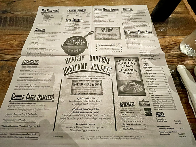 This isn't just a menu&mdash;it's a treasure map to breakfast nirvana, with sections like "Hungry Hunters" and "Griddle Cakes" promising morning glory.