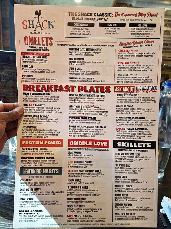 A menu that reads like a love letter to breakfast enthusiasts. Each cleverly named dish promises a morning adventure worth getting out of bed for.