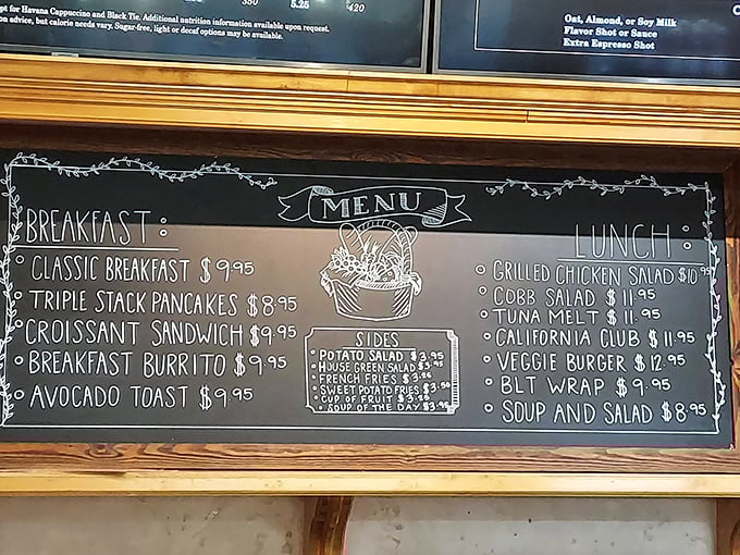 The chalkboard menu reads like a love letter to comfort food classics. Each item promises the culinary equivalent of a warm hug.