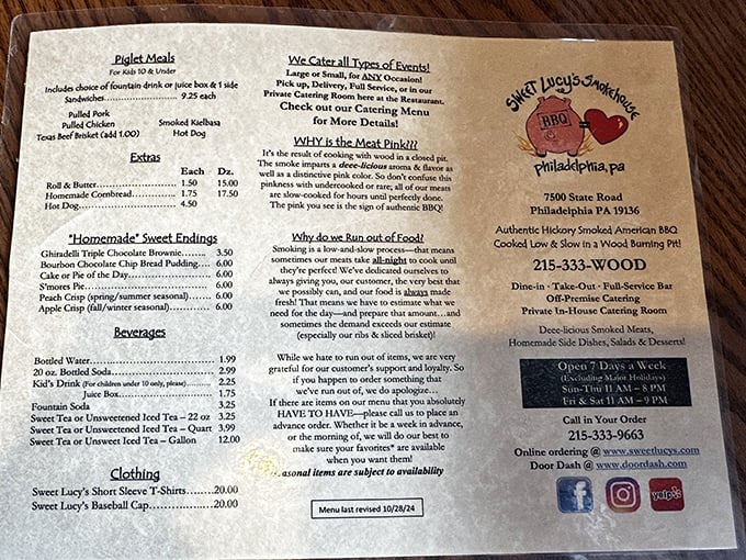 A menu that tells a story&mdash;notice how they explain why they sometimes run out of food? That's the sign of real, fresh BBQ.