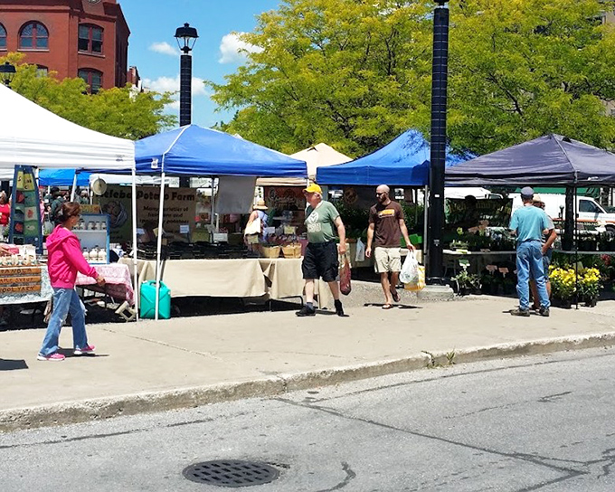 Summer brings the market outdoors, where colorful tents create a festival atmosphere under Vermont's famously blue skies.