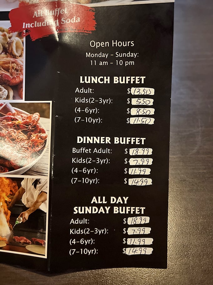 The menu board tells the whole story: seven days a week of all-you-can-eat possibilities. Your stomach is already doing the math.