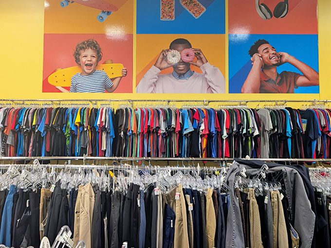 The clothing section rivals any department store, minus the sticker shock. That perfect shirt is hiding somewhere in this rainbow.