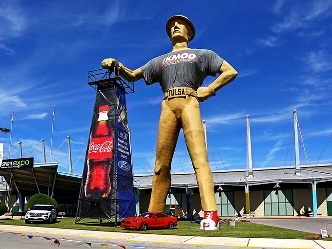 The Golden Driller stands 76 feet tall, a quirky colossus guarding Tulsa's fairgrounds like Oklahoma's answer to the Colossus of Rhodes.