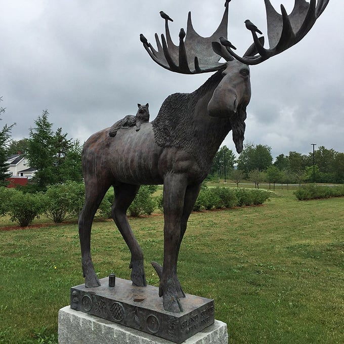 This magnificent moose statue stands as the unofficial greeter of Van Buren. Even the bronze cat hitching a ride seems to be enjoying the view!