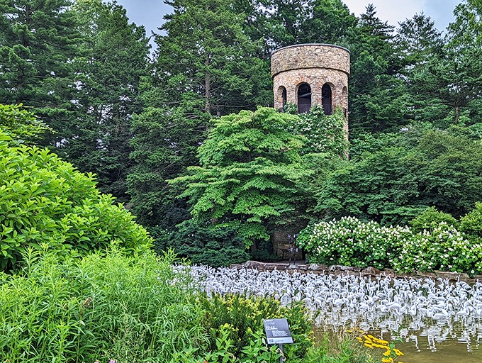 Like something from a fairytale, this stone tower watches over the gardens. Half expect Rapunzel to let down her hair—or at least a gardener to wave hello.