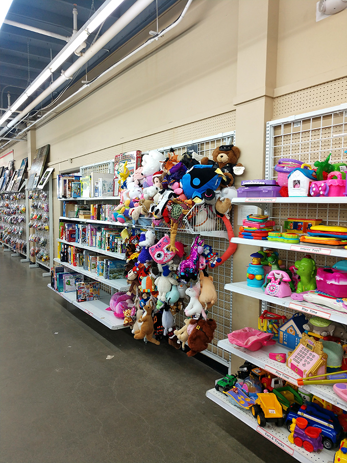 A mountain of stuffed companions and colorful toys stands ready for adoption, proof that childhood joy doesn't require factory-fresh packaging.