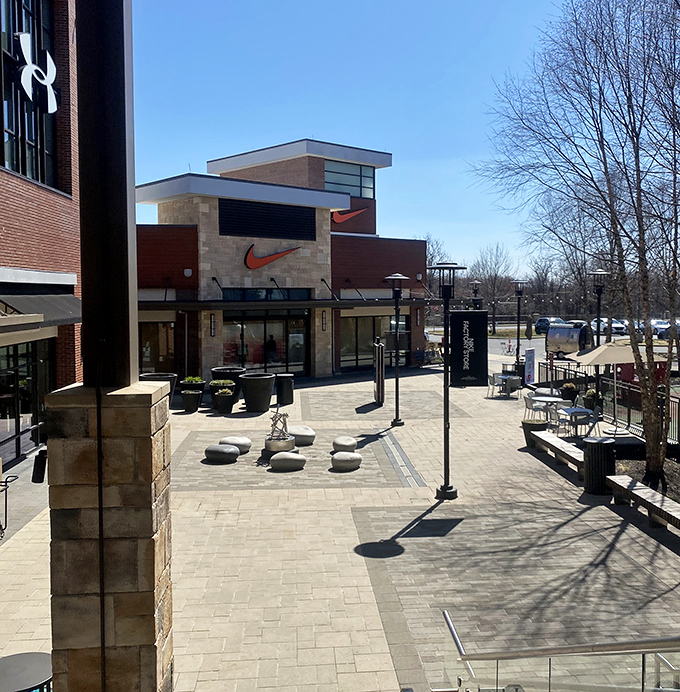 Nike's sleek storefront anchors one of the mall's many pedestrian-friendly plazas, where shoppers can rest their weary credit cards between splurges.