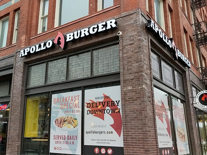 Apollo Burger's downtown brick storefront stands like a burger beacon, promising pastrami perfection to hungry Salt Lake City wanderers.