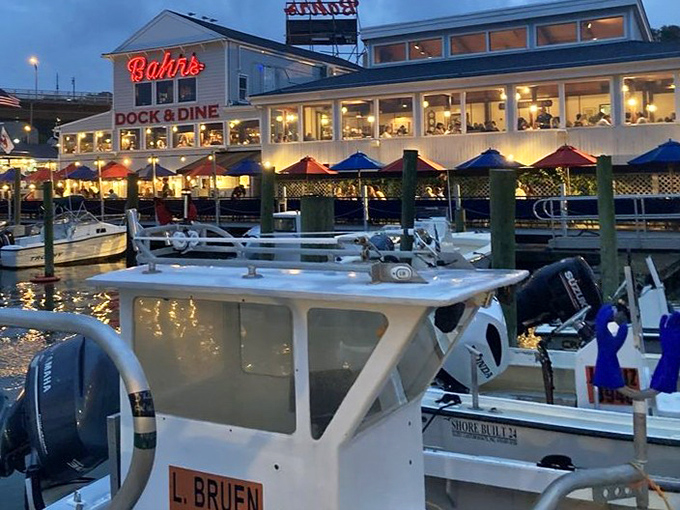 Bahrs Landing glows at dusk, when the marina lights twinkle like stars and the seafood platters shine even brighter.