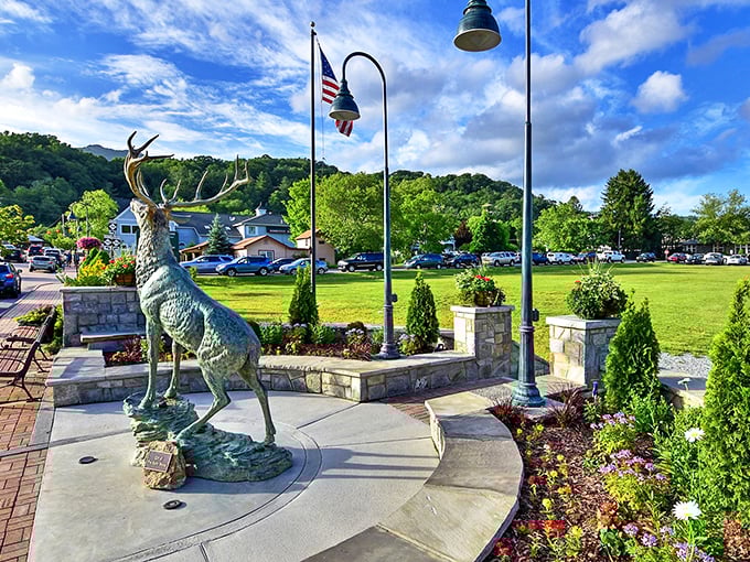 A majestic elk statue stands guard in Banner Elk, reminding visitors they're in a special place where nature and community intertwine beautifully.