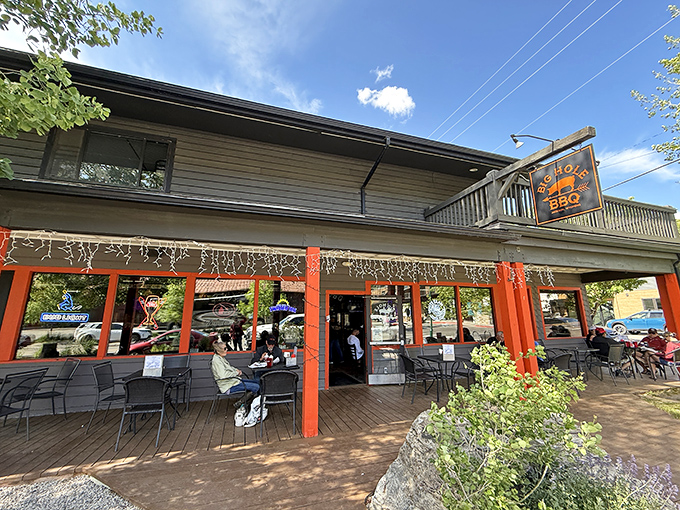 Big Hole BBQ's inviting porch and bright red pillars welcome hungry travelers to a meat lover's paradise in Jackson.