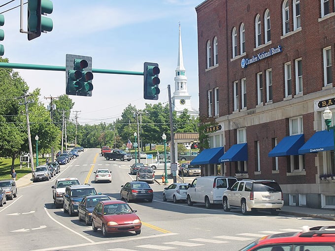 Camden National Bank anchors Ellsworth's practical downtown, where everyday errands become pleasant strolls through history.