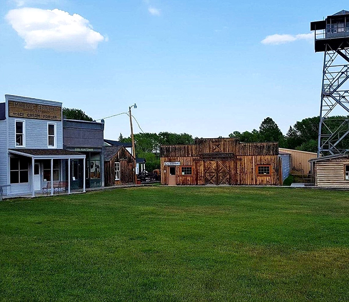 Historic wooden buildings and watchtower stand preserved against Wyoming's blue sky in this frontier town recreation.