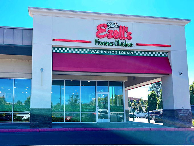 Ezell's bright storefront cuts through any gray Oregon day. That famous chicken sign is basically a bat-signal for the hungry.
