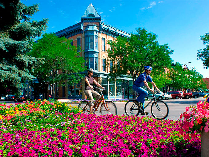 Fort Collins' historic buildings and tree-lined streets create the perfect backdrop for cyclists enjoying Colorado's famous sunshine.