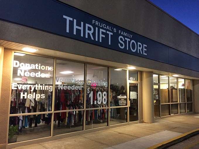 Evening lights illuminate a wonderland of $1.98 treasures. Where else can you dress like a million bucks for less than a coffee?