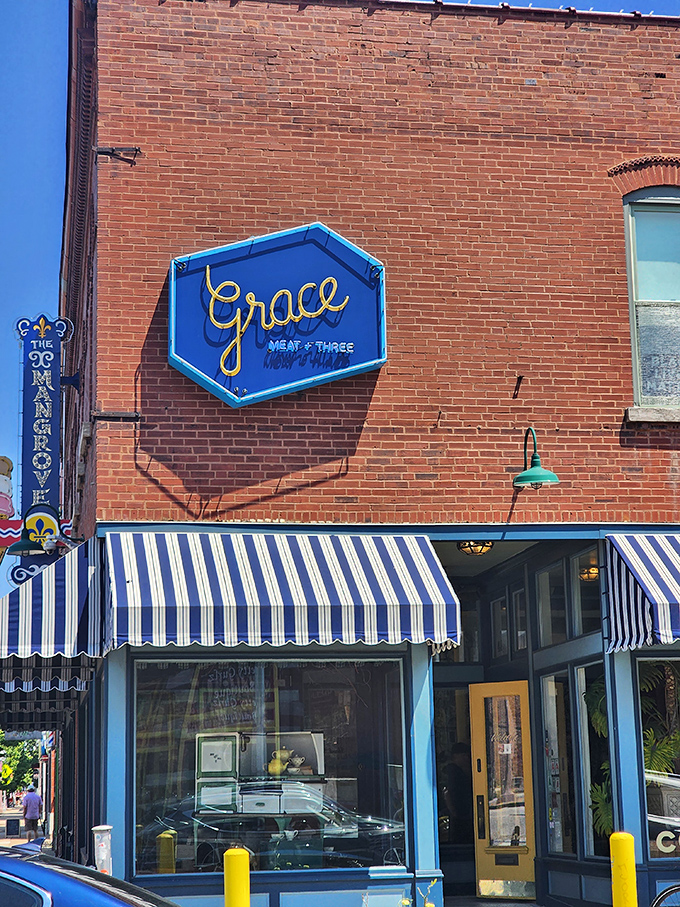 3a. grace meat Blue and white striped awnings frame this brick storefront where Southern comfort meets St. Louis style in every crunchy, juicy bite.three (st. louis)